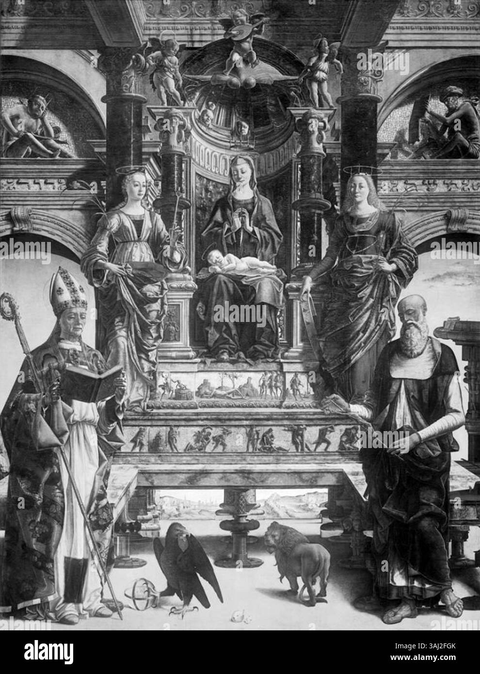 'Madonna and Child Enthroned with Four Saints' by Ercole de Roberti, c. 1475, depicts the Virgin ...
