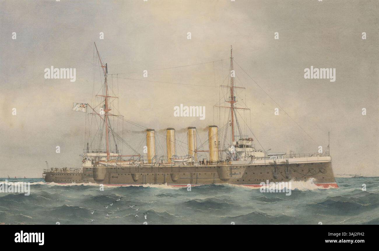 Watercolor and gouache painting by William Mackenzie Thomson depicting the Cressy class cruiser ...
