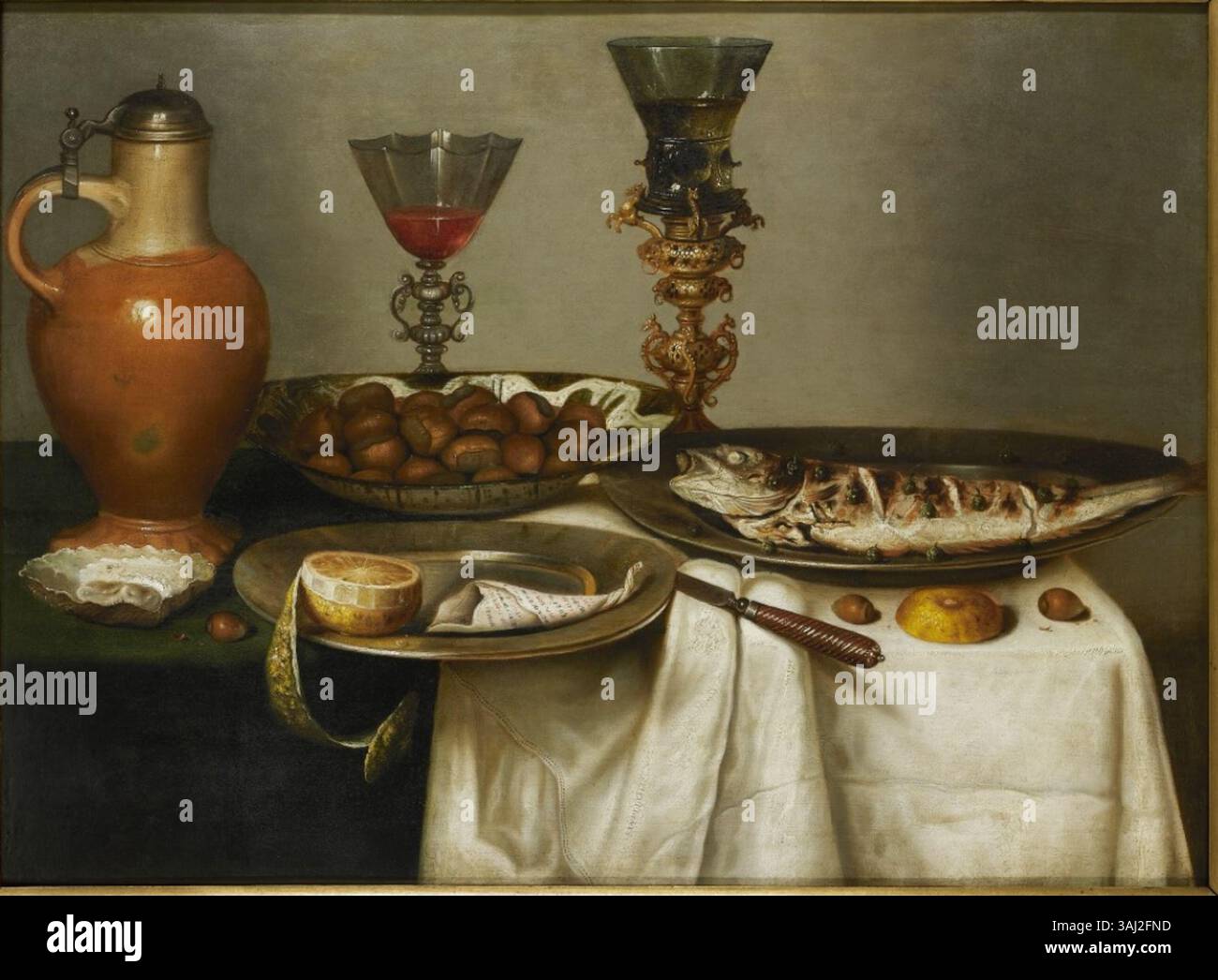 Cornelis Mahu's 1638 fish still life features an array of fish on a ...