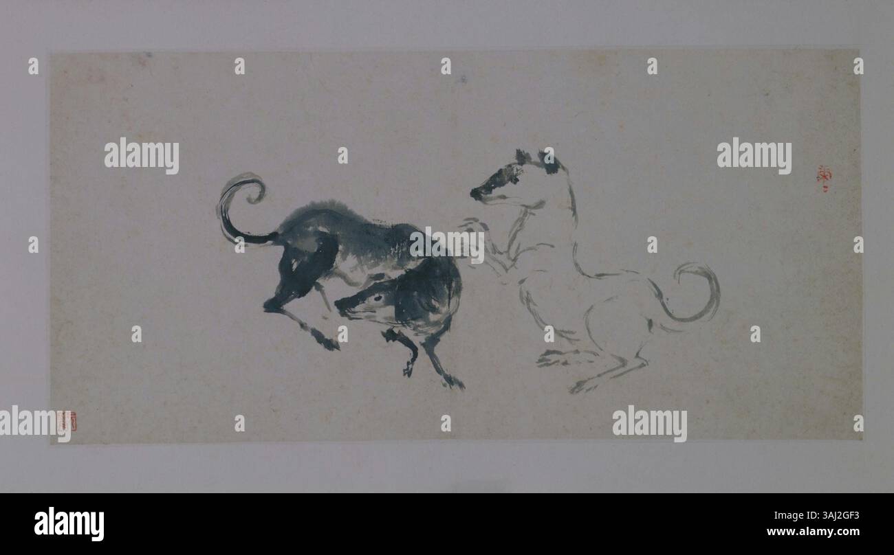 This ink and color painting on paper represents traditional Chinese art ...