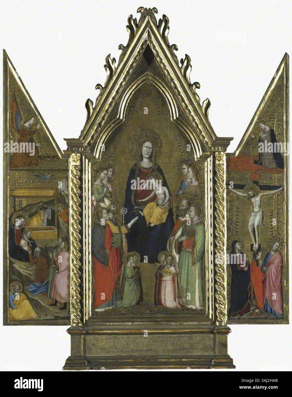 This 14th-century Tuscan School triptych depicts The Virgin and Child Enthroned in the center ...