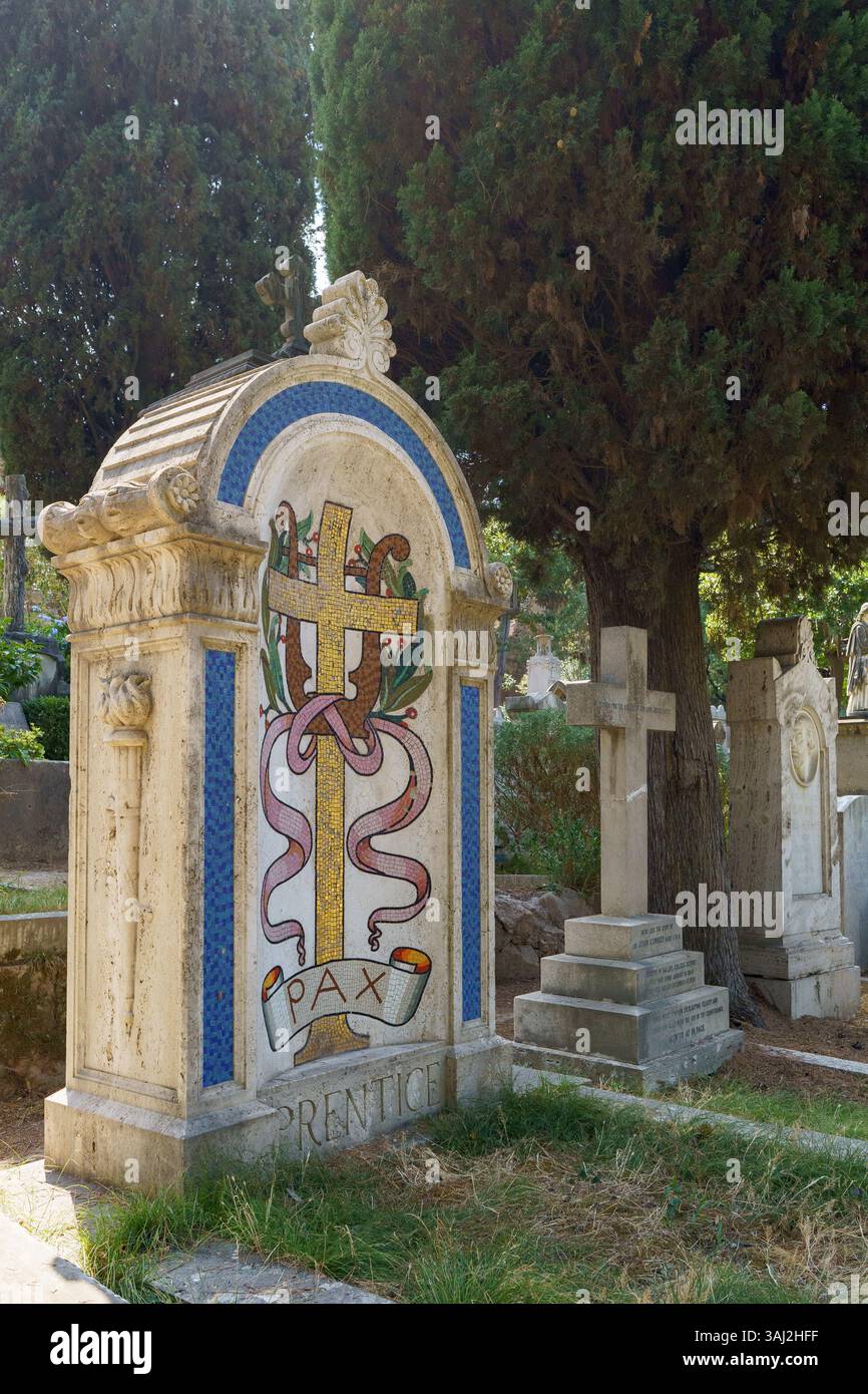 colorful tombstone on a grave in the protestant cemetery in Rome, Italy ...