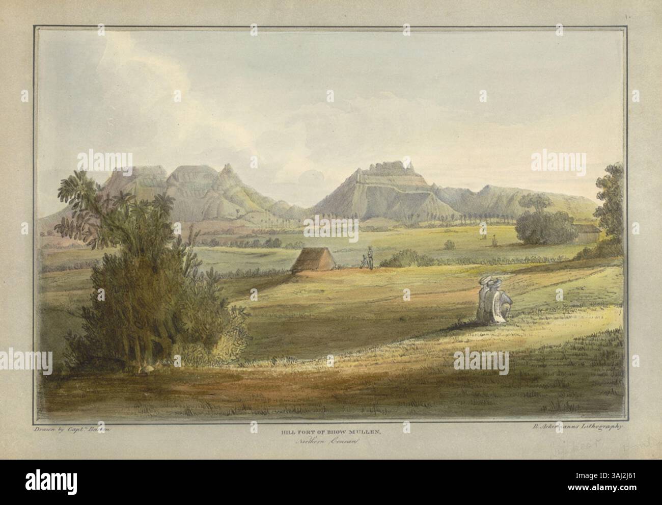 A coloured lithograph of the Hill Fort of Bhow Mullen in the Western ...
