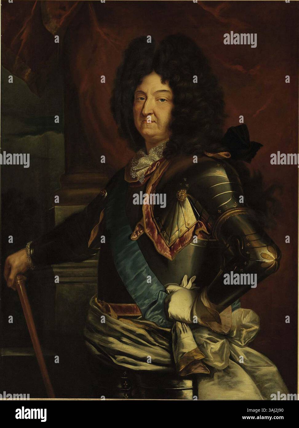 This portrait of Louis XIV, created by a follower of Hyacinthe Rigaud, depicts the French king ...