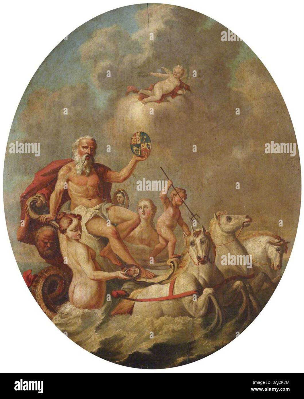 Neptune rises from the sea in a chariot, holding the Royal Coat-of-Arms ...