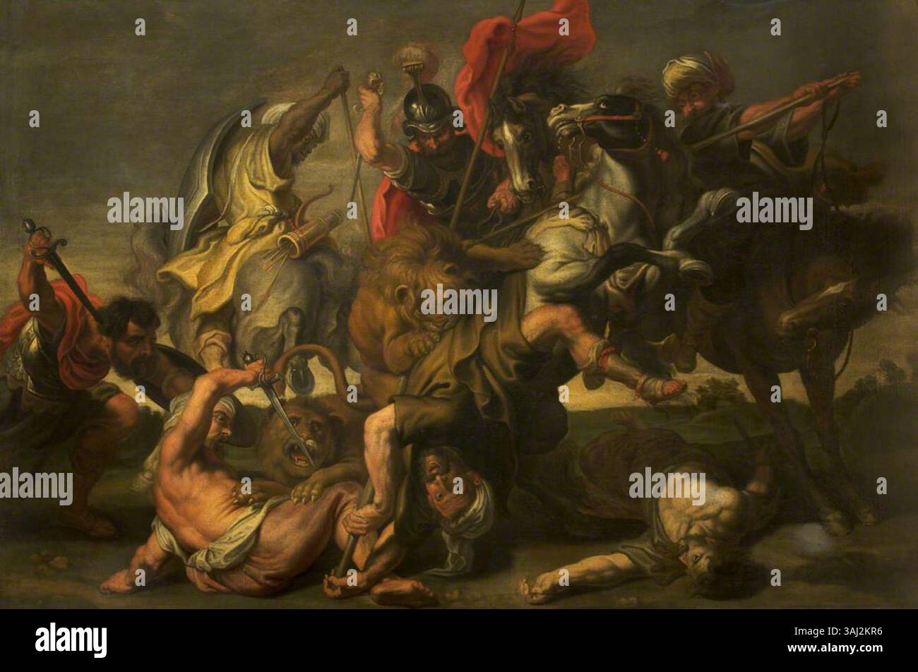 This 17th-century painting, after Peter Paul Rubens, depicts a dramatic lion hunt. The oil on ...