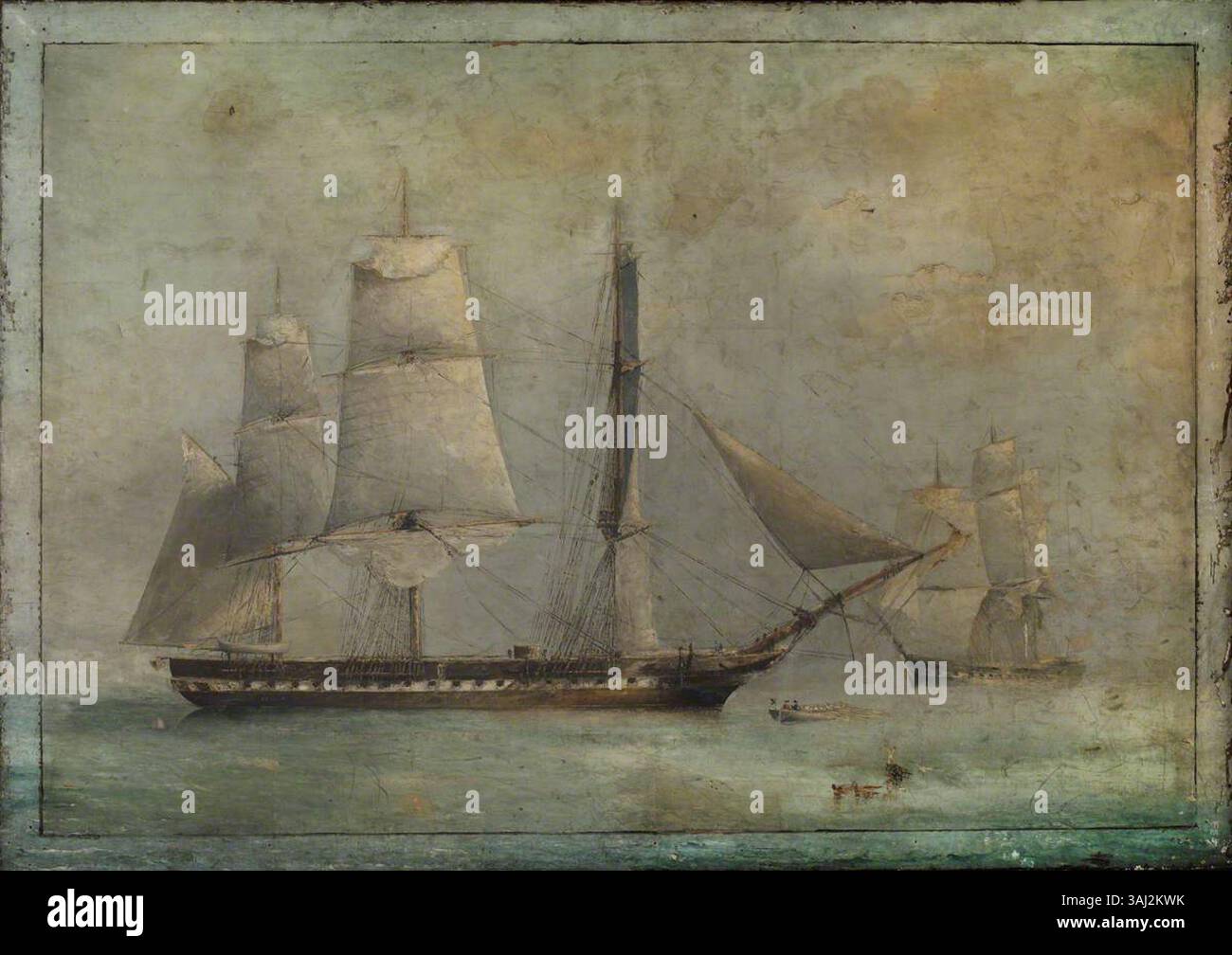 Oil painting titled 'Two Royal Navy Frigates,' created circa 1840 by an ...