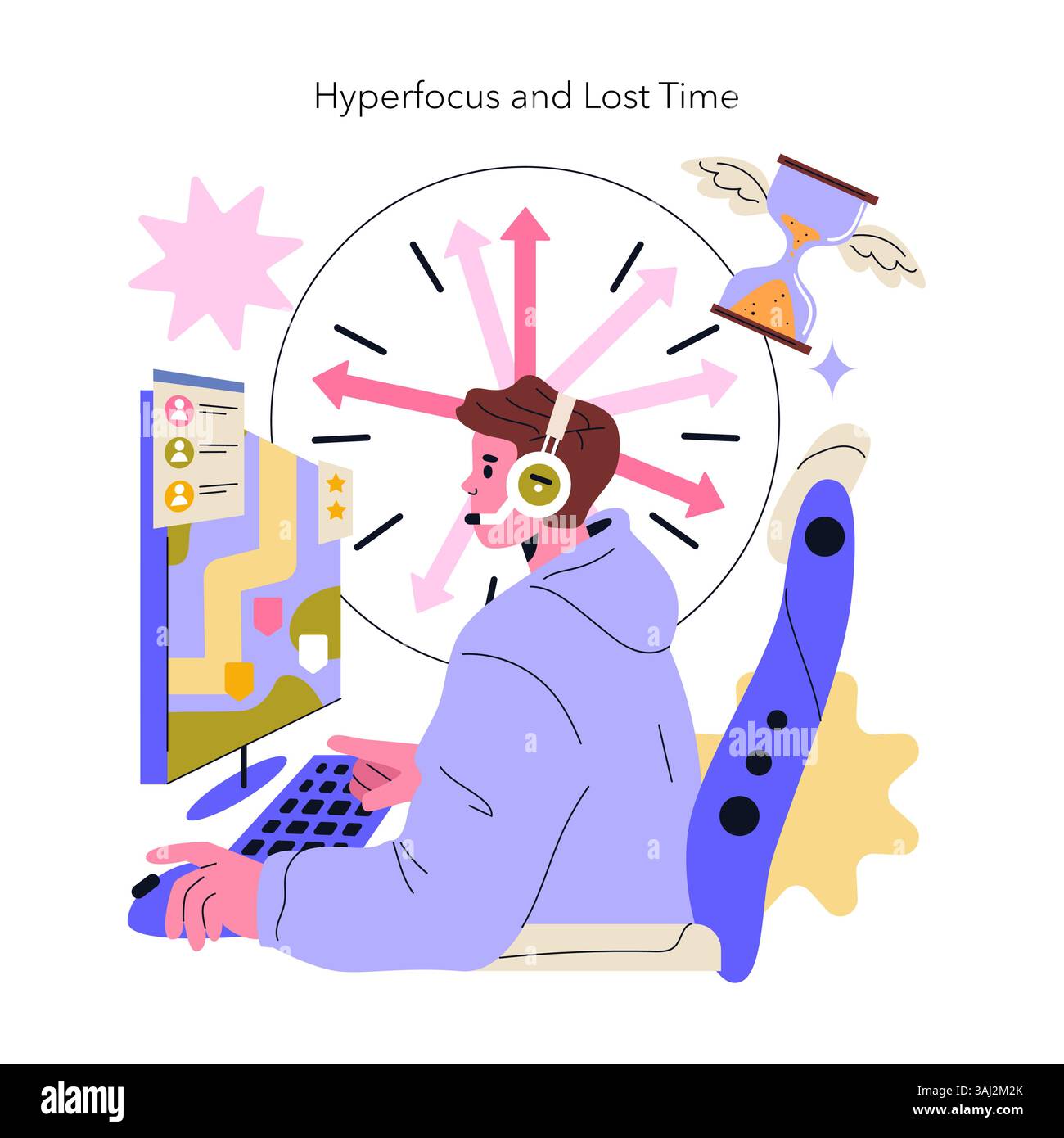 Illustration depicting the concept of hyperfocus and lost time related ...