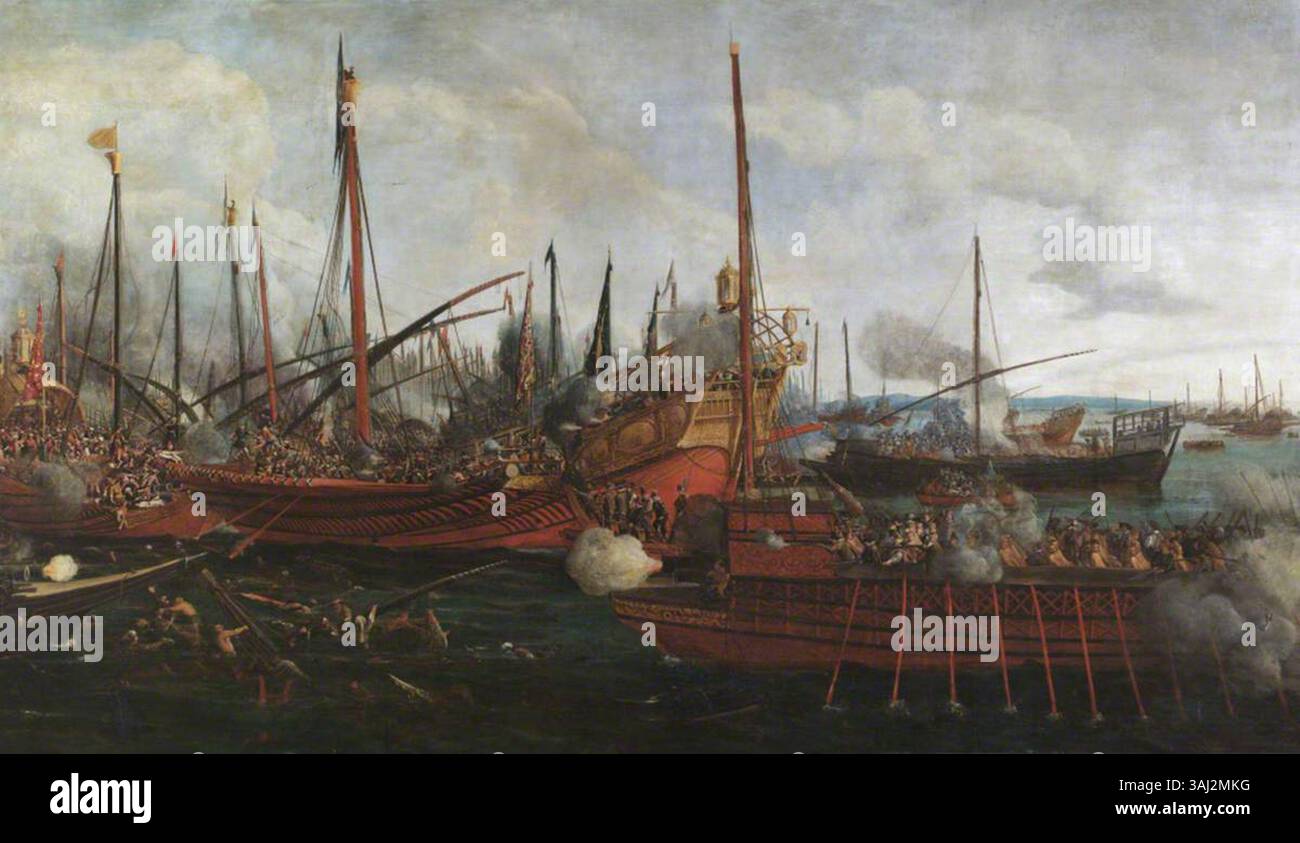A historical painting of the Battle of Lepanto, fought on October 7 ...