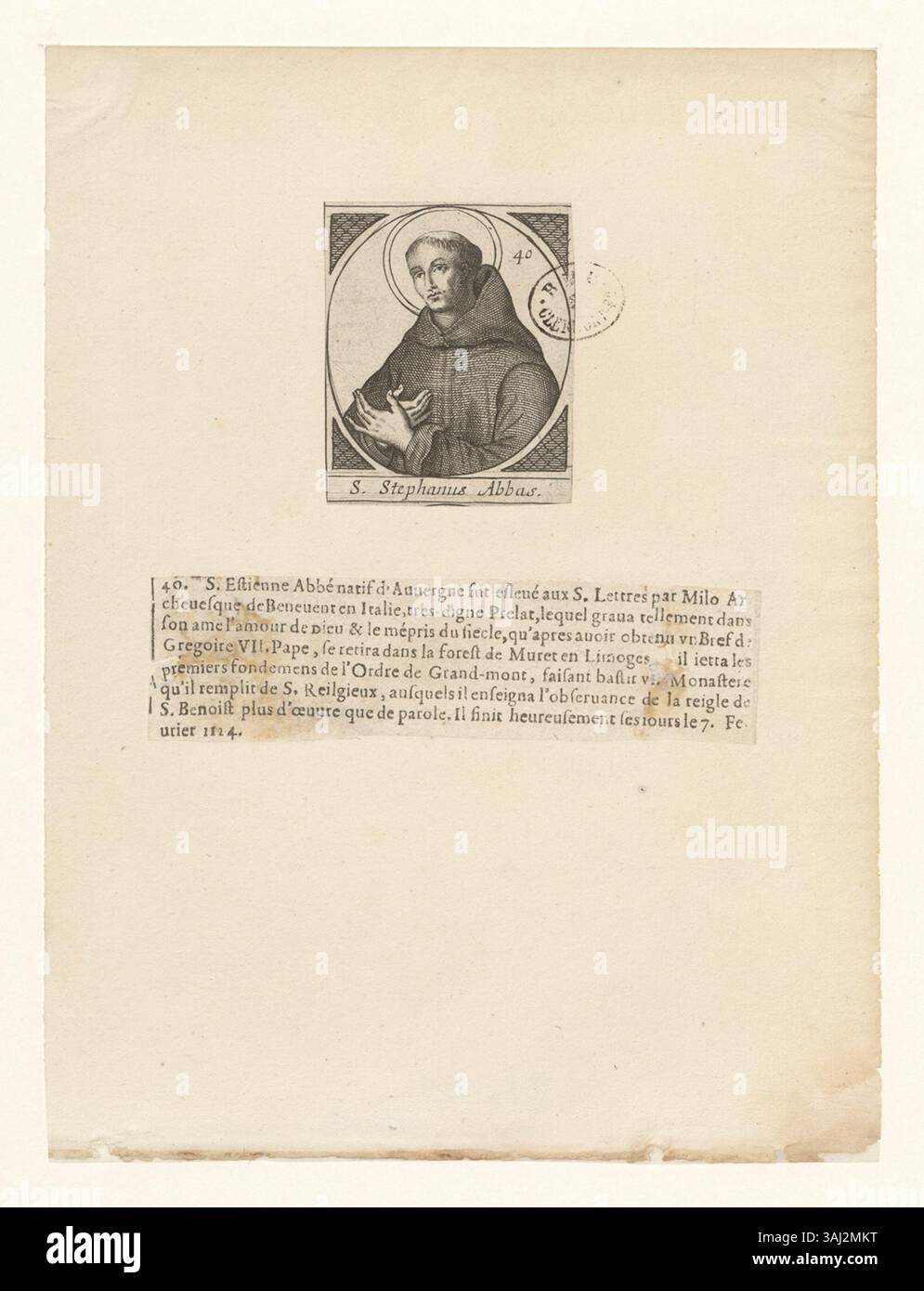 An intaglio print of Saint Stephen of Muret, also known as S. Stephanus ...