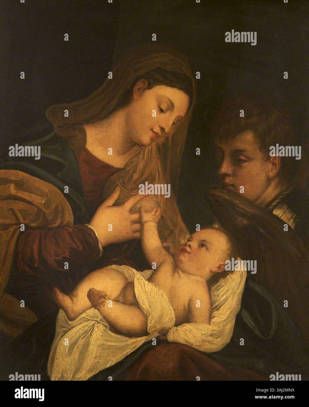 This painting, created between 1600 and 1699, depicts the Virgin Mary holding the Christ Child ...