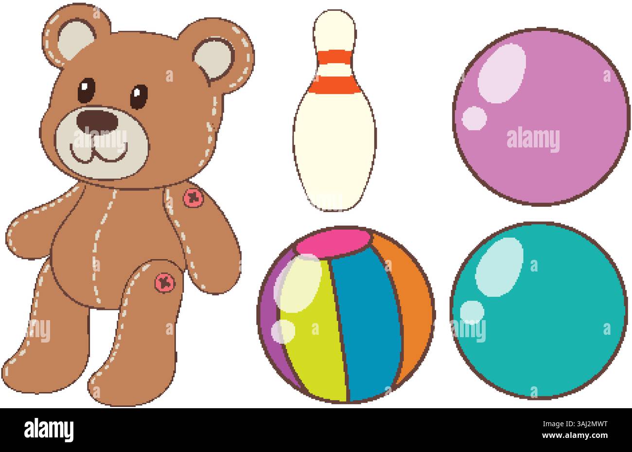 Vector illustration of a teddy bear, bowling pin, and colorful balls ...
