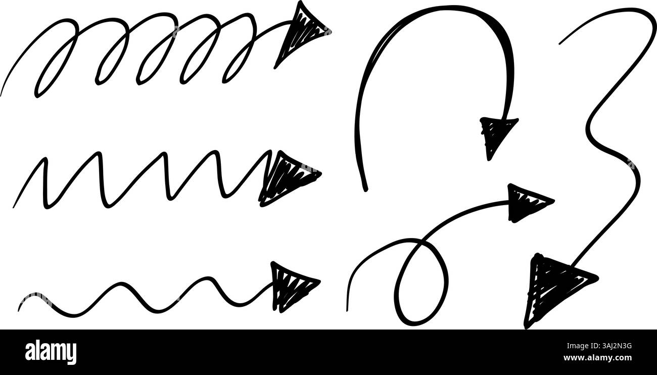 A collection of hand-drawn arrow doodles in black and white, featuring ...
