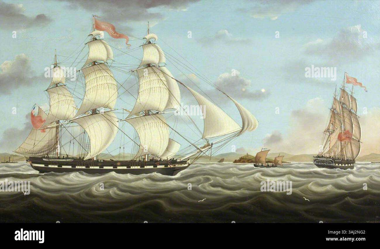 The painting shows the ship William Miles, built in 1816, in two ...