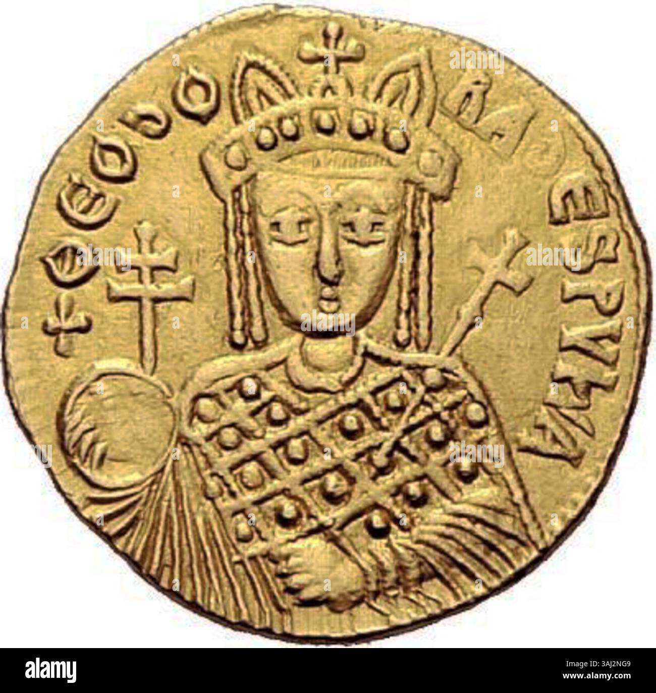 This solidus from AD 842 features Theodora II on the obverse, wearing a ...