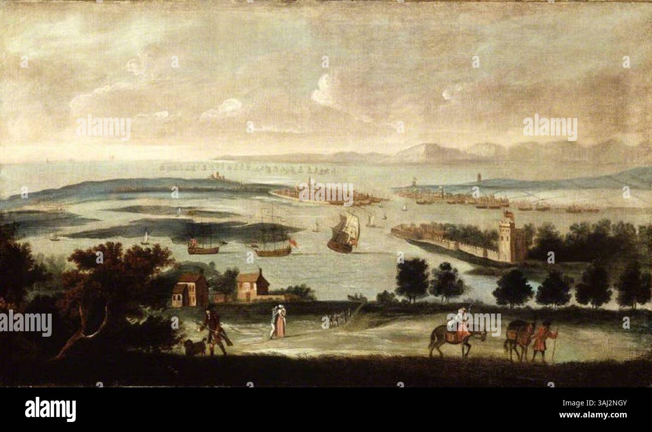 This painting, created in 1747, shows Portsmouth Harbour with Admiral ...