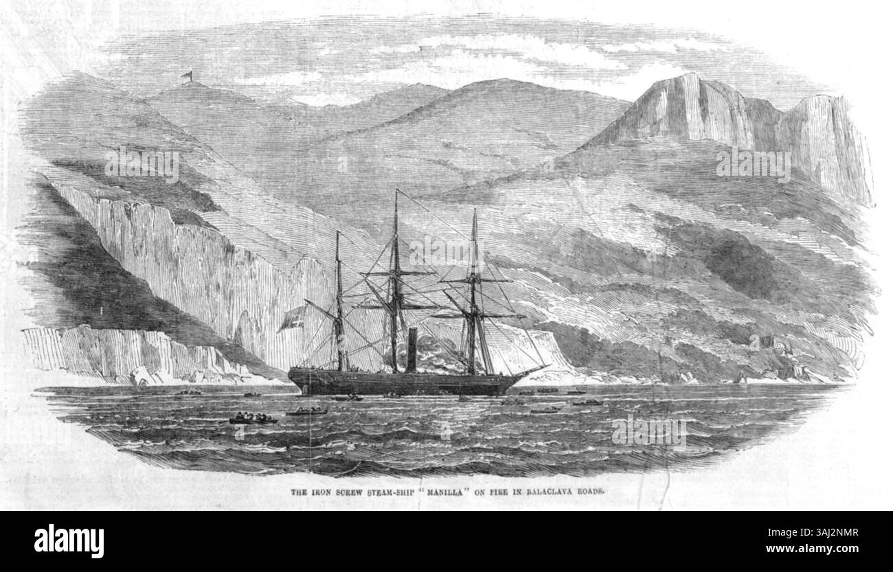 An 1855 illustration depicts the iron screw steamship 'Manilla' on fire ...