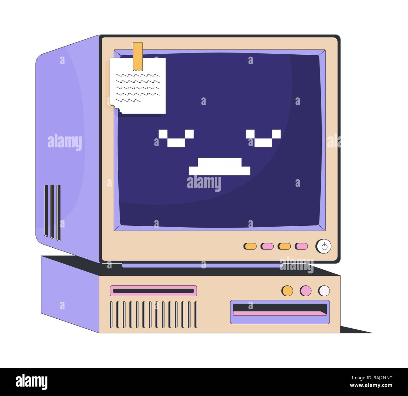 Retro computer with sad pixel face and sticky note 2D cartoon object ...
