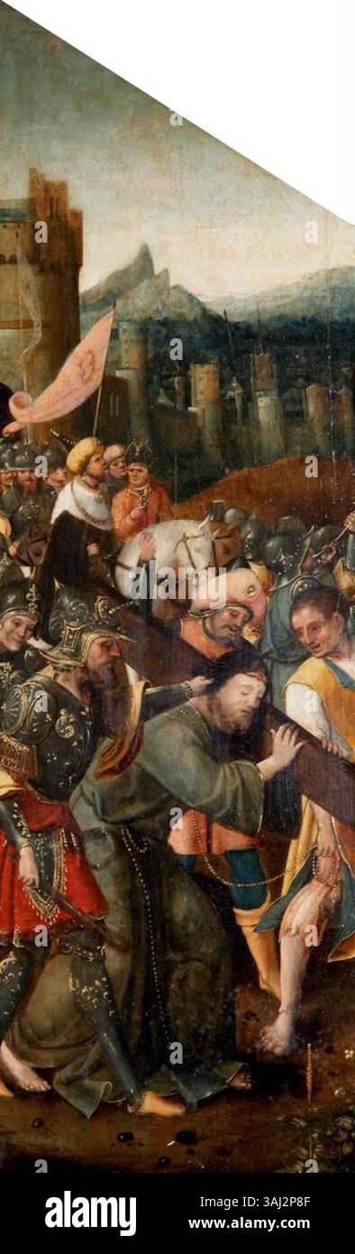 This triptych, attributed to Cornelius Engebrechtsz., portrays the Way to the Cross (Calvary) on ...