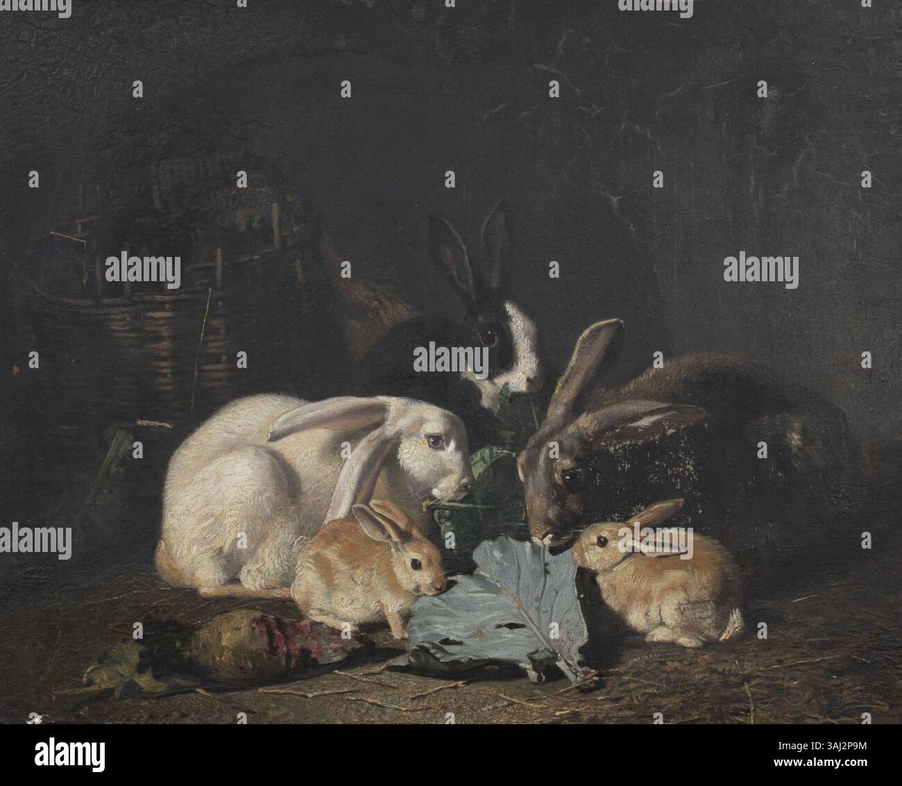 This painting of rabbits, created between 1801 and 1900, is an oil on ...