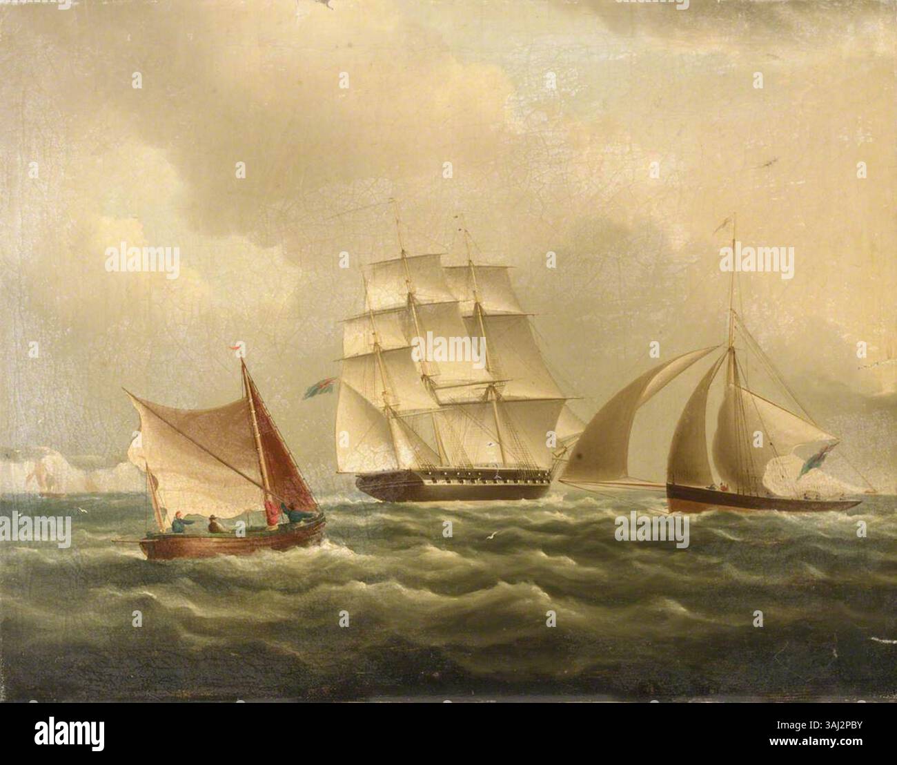 The painting depicts a frigate alongside a cutter and a fishing boat ...