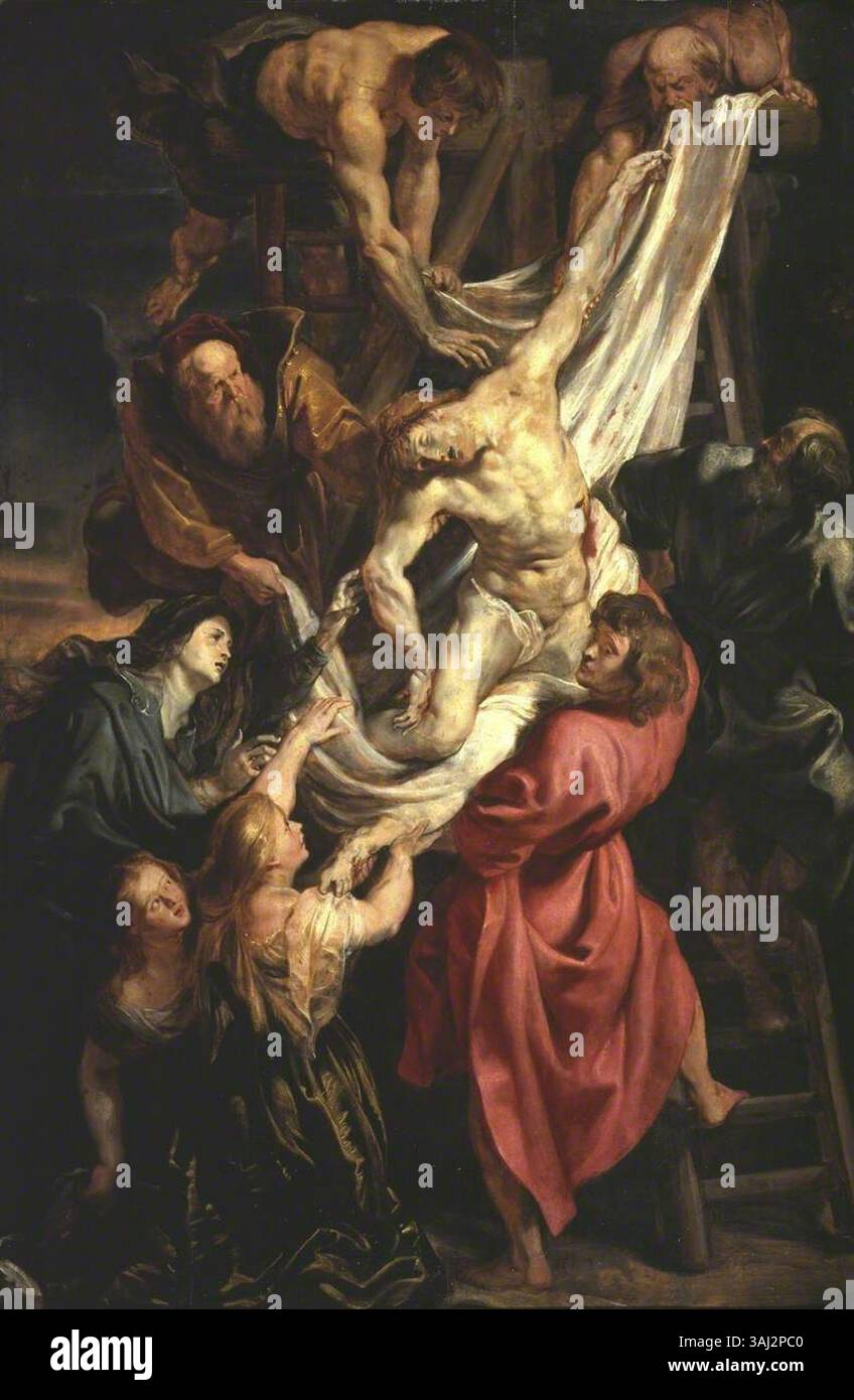 Peter Paul Rubens’ *The Descent from the Cross* (circa 1612) is an oil ...