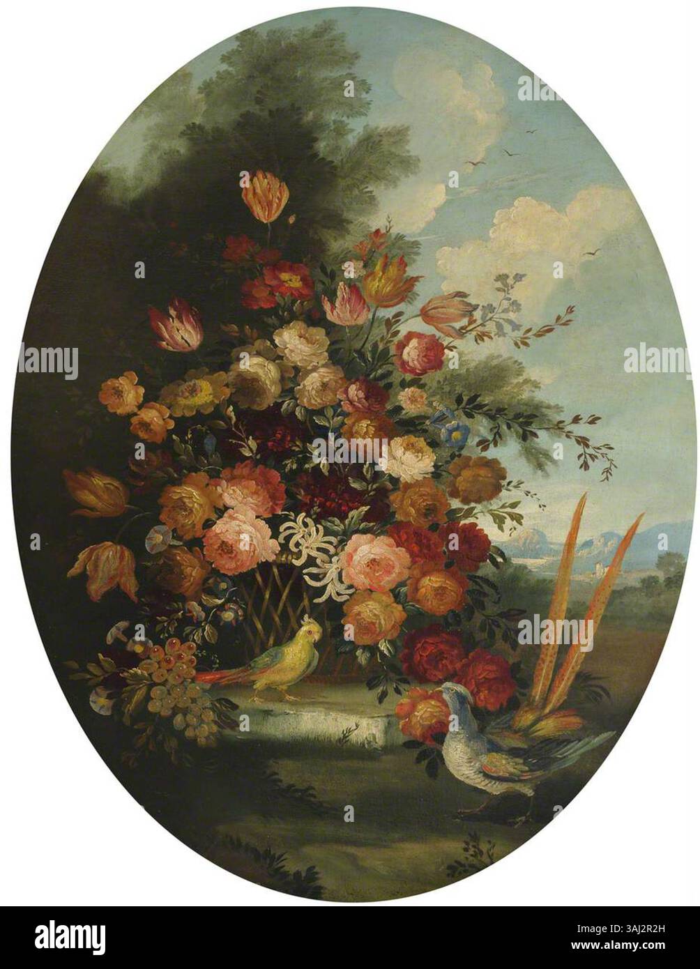 This still life, painted between 1800 and 1899, features a wicker ...