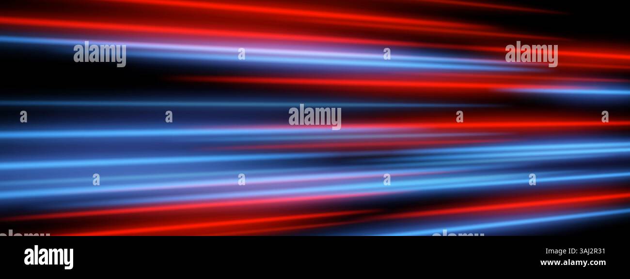 High-speed laser. Red and cyan beams burst in straight direction with ...