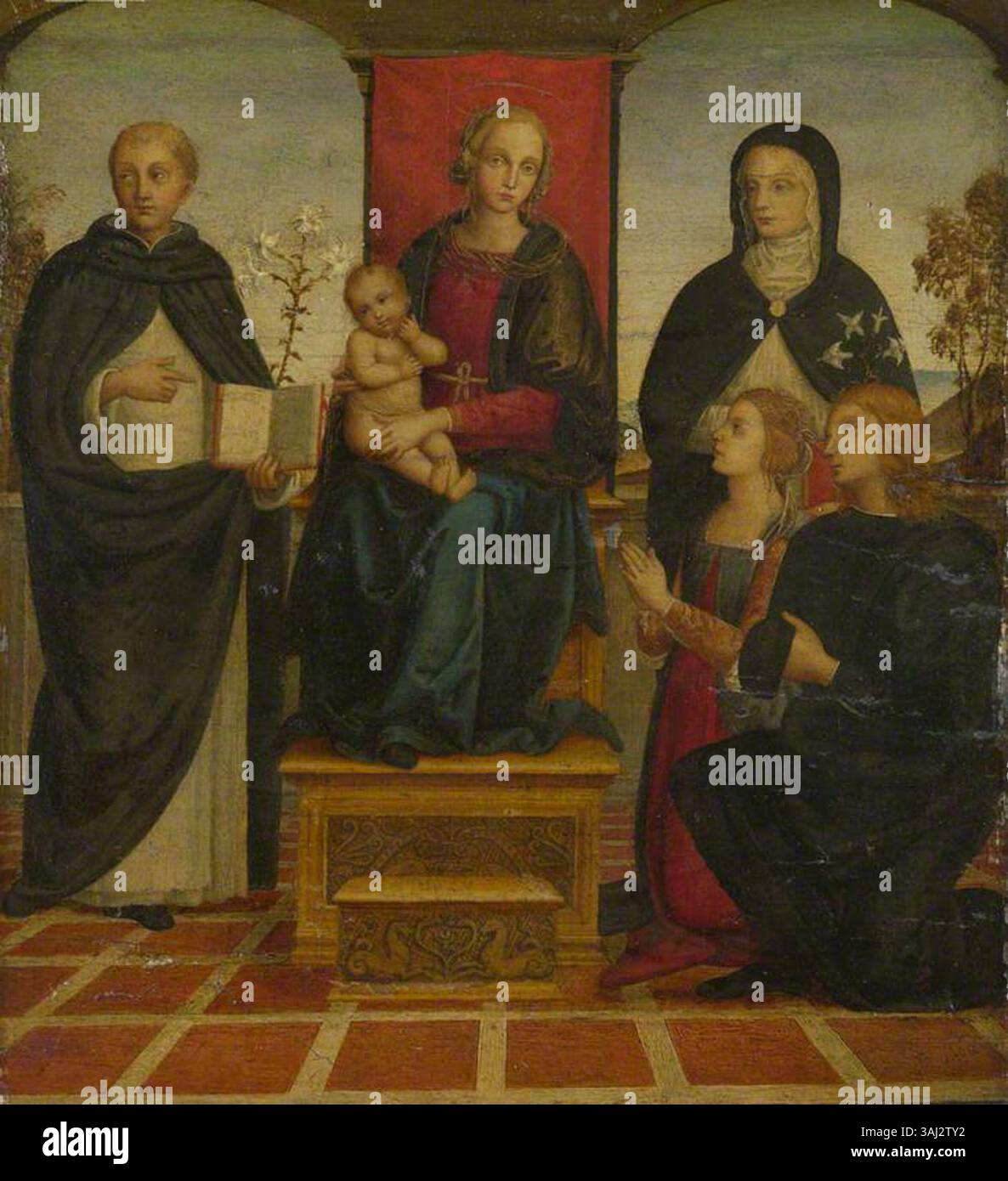 A painting by a follower of Pietro Perugino, depicting the Virgin Mary and Child with Saints ...