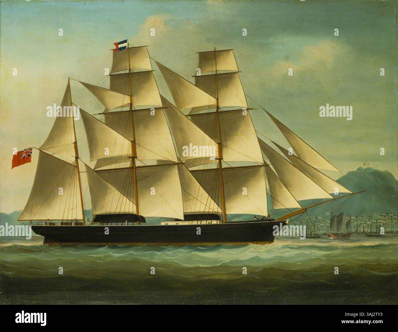 This painting, created circa 1850, depicts a clipper ship navigating ...