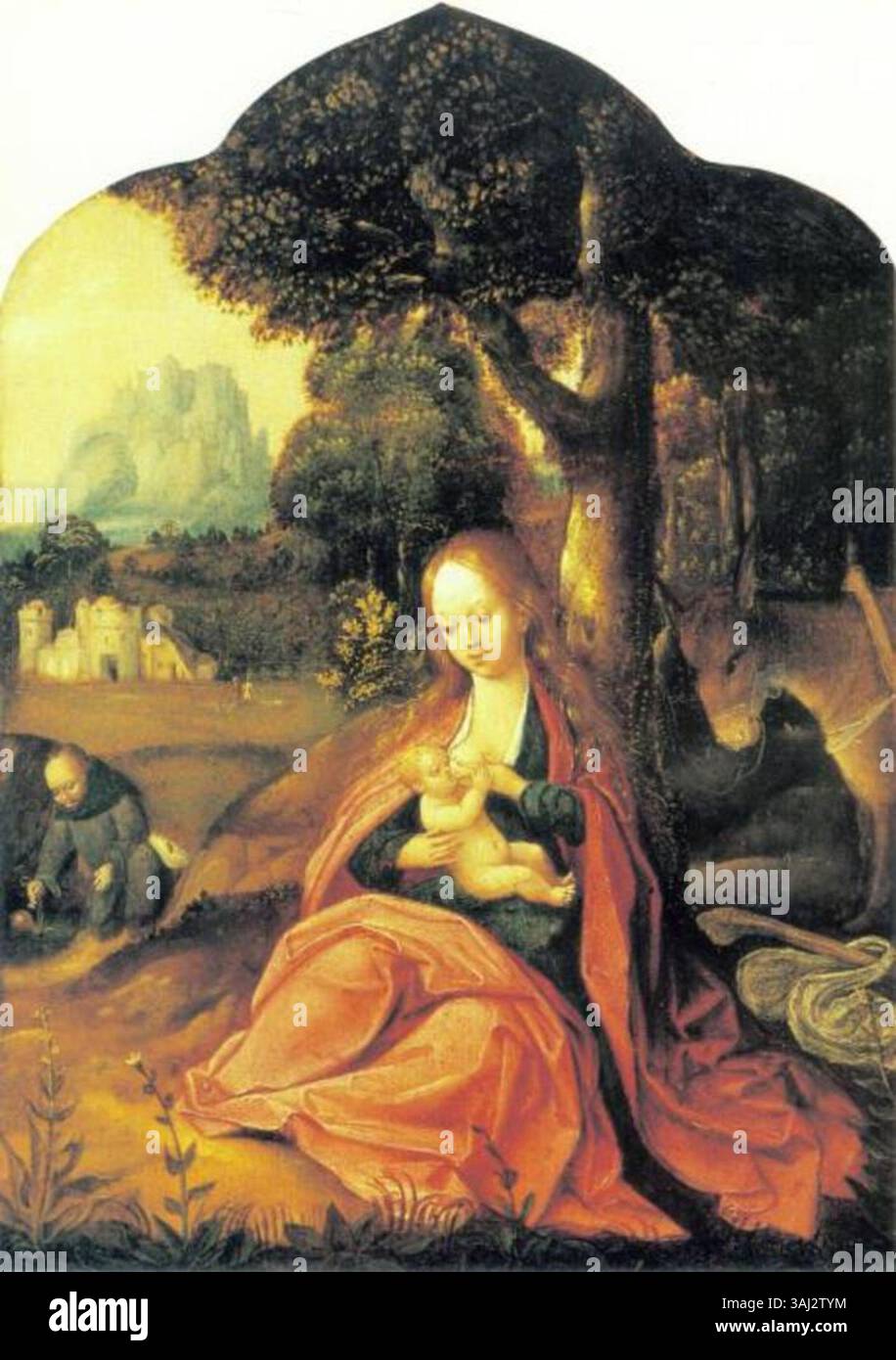 This 1520s painting, attributed to a follower of Joachim Patinir, depicts the Holy Family ...