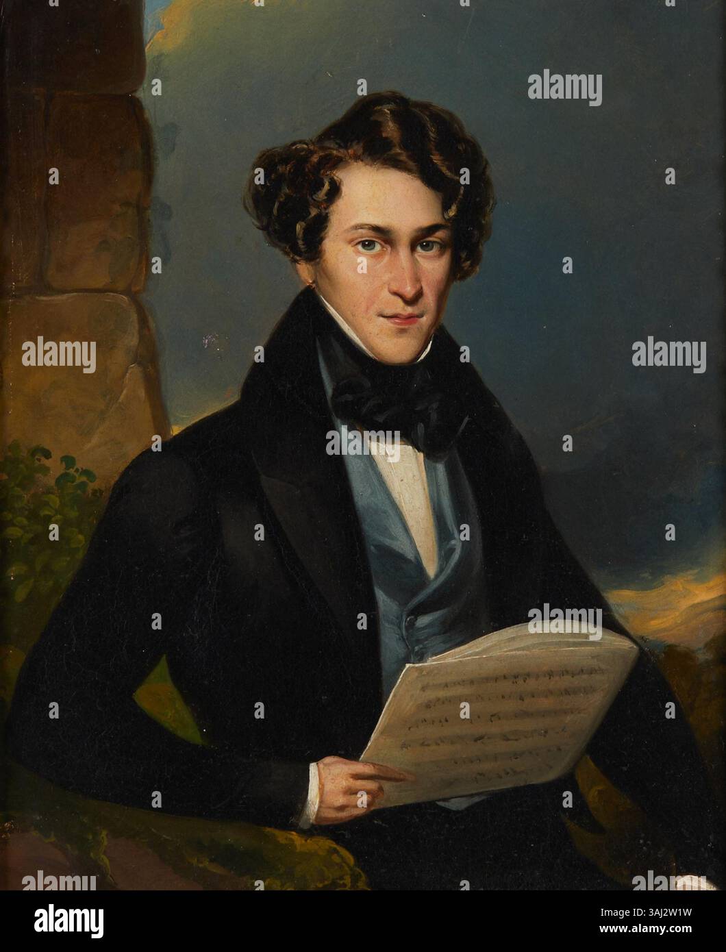 Portrait of a man with musical notes against a landscape background ...