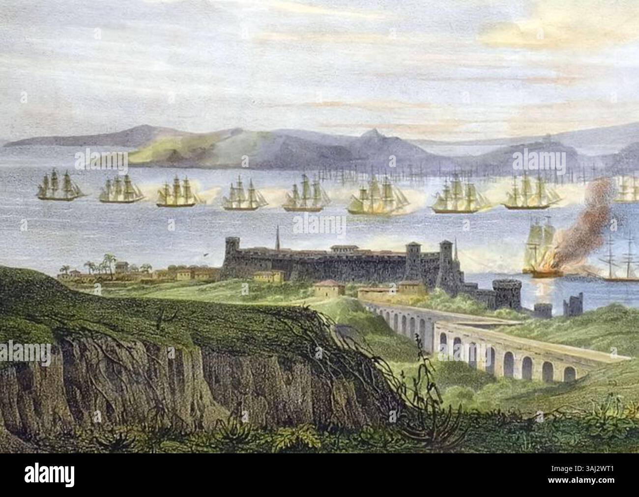 An engraving from the 19th century depicting the Battle of Navarino ...