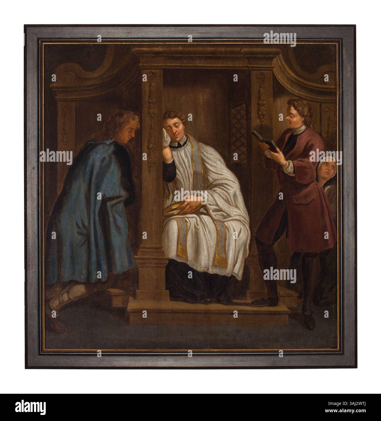 Anonymous 18th-century triptych illustrating the sacraments of confession, Eucharist, and last ...