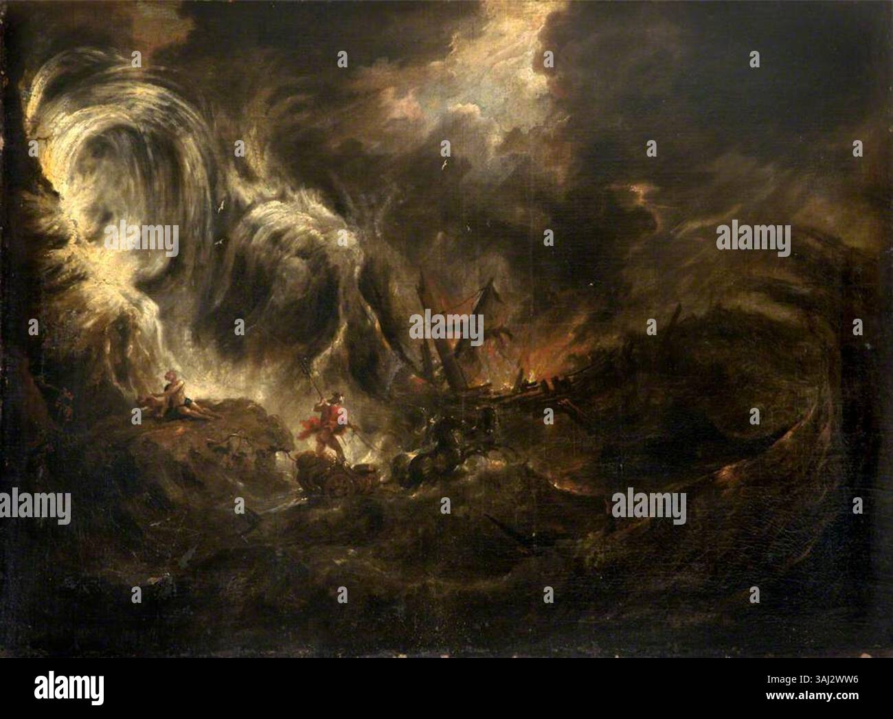 A 16th-century painting depicting a storm at sea with Neptune in his ...