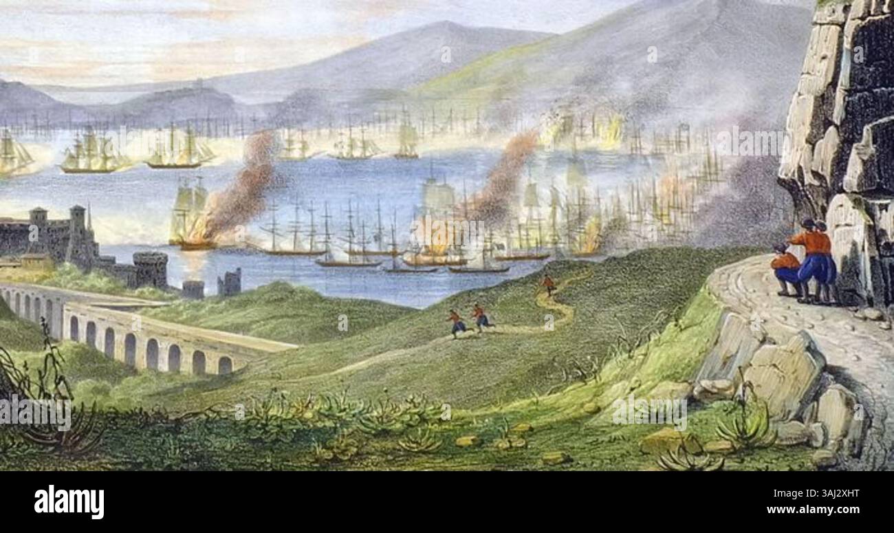 An engraving from the 19th century depicting the Battle of Navarino ...