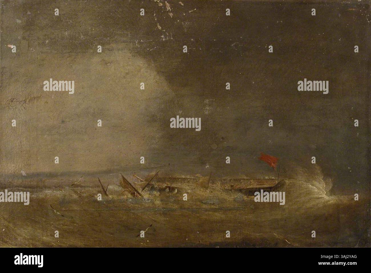 This circa 1845 painting depicts a ship driven onto shore. The scene ...