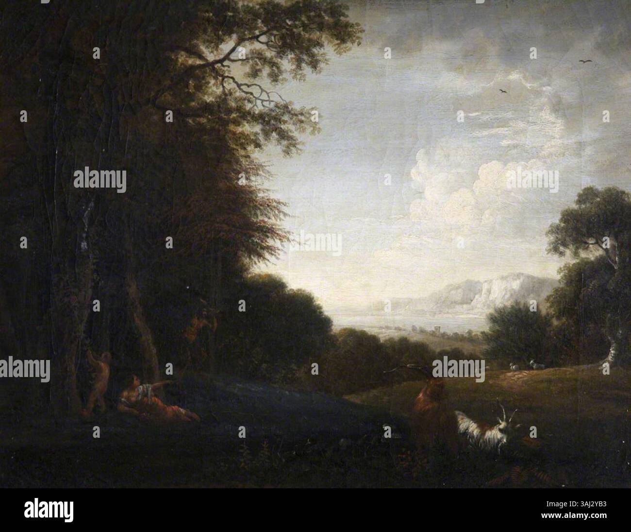 This 17th-century landscape painting depicts a wooded scene with a ...