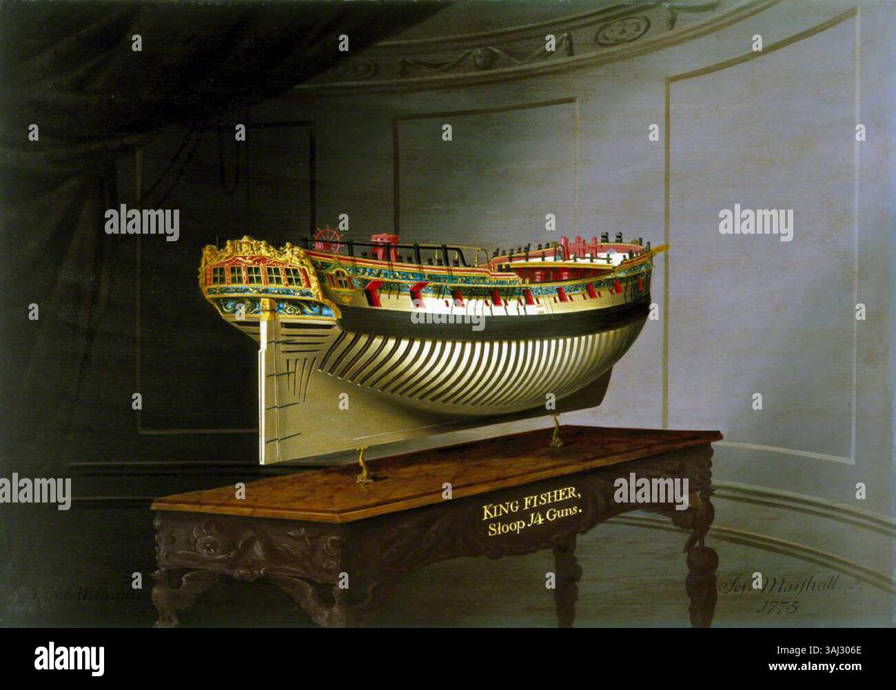 This 1775 painting by Joseph Marshall depicts the HMS 'Kingfisher', a ...