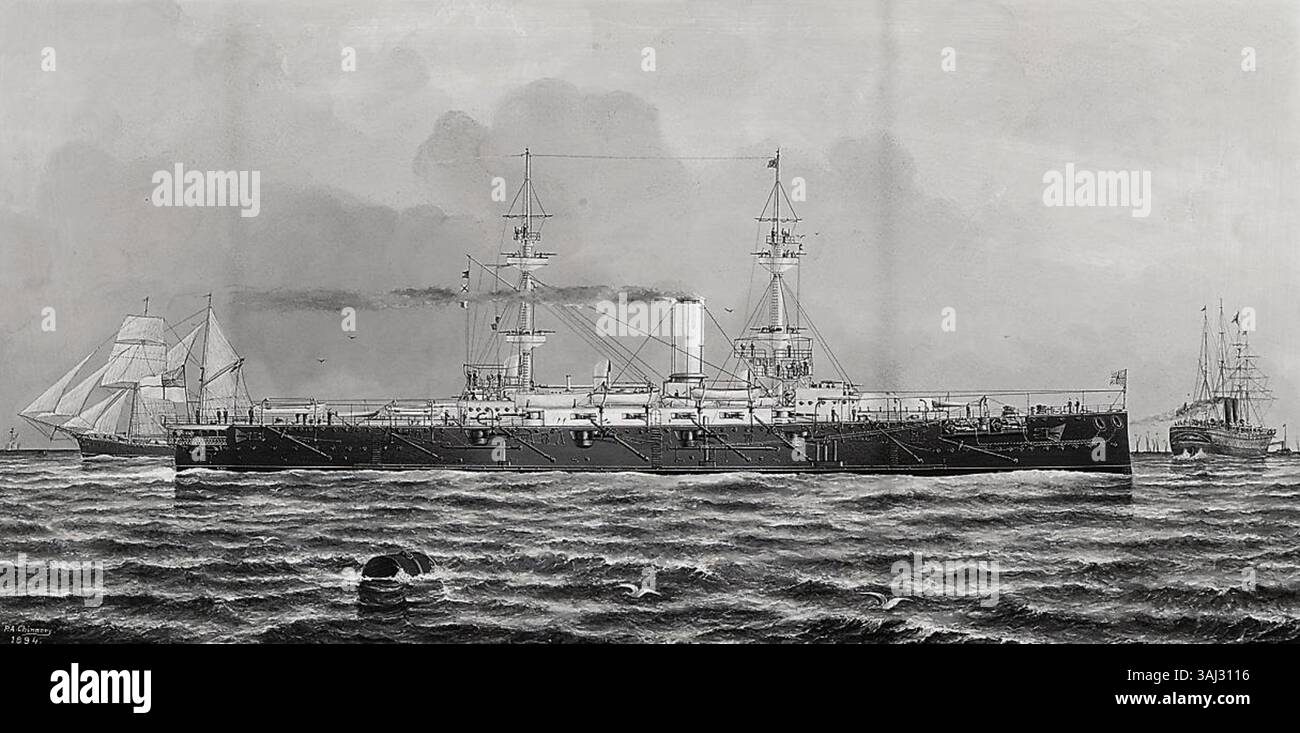 This 1894 painting by P. A. Chinnery depicts the H.M.S. Magnificent, a ...