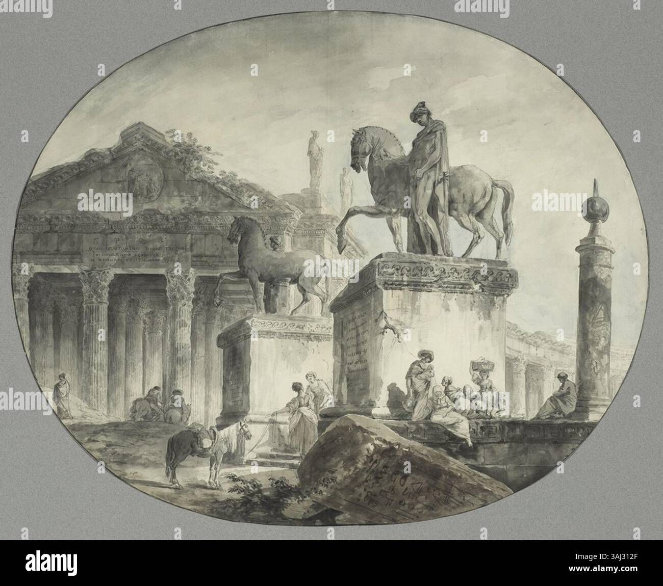 Hubert Robert's 1760 drawing, 'Caprice romain avec les Dioscures et la ...