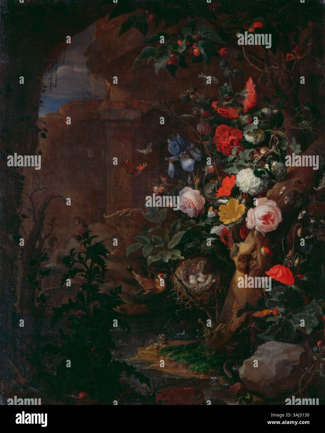 This floral still life by Abraham Mignon, painted in the 1660s, depicts ...