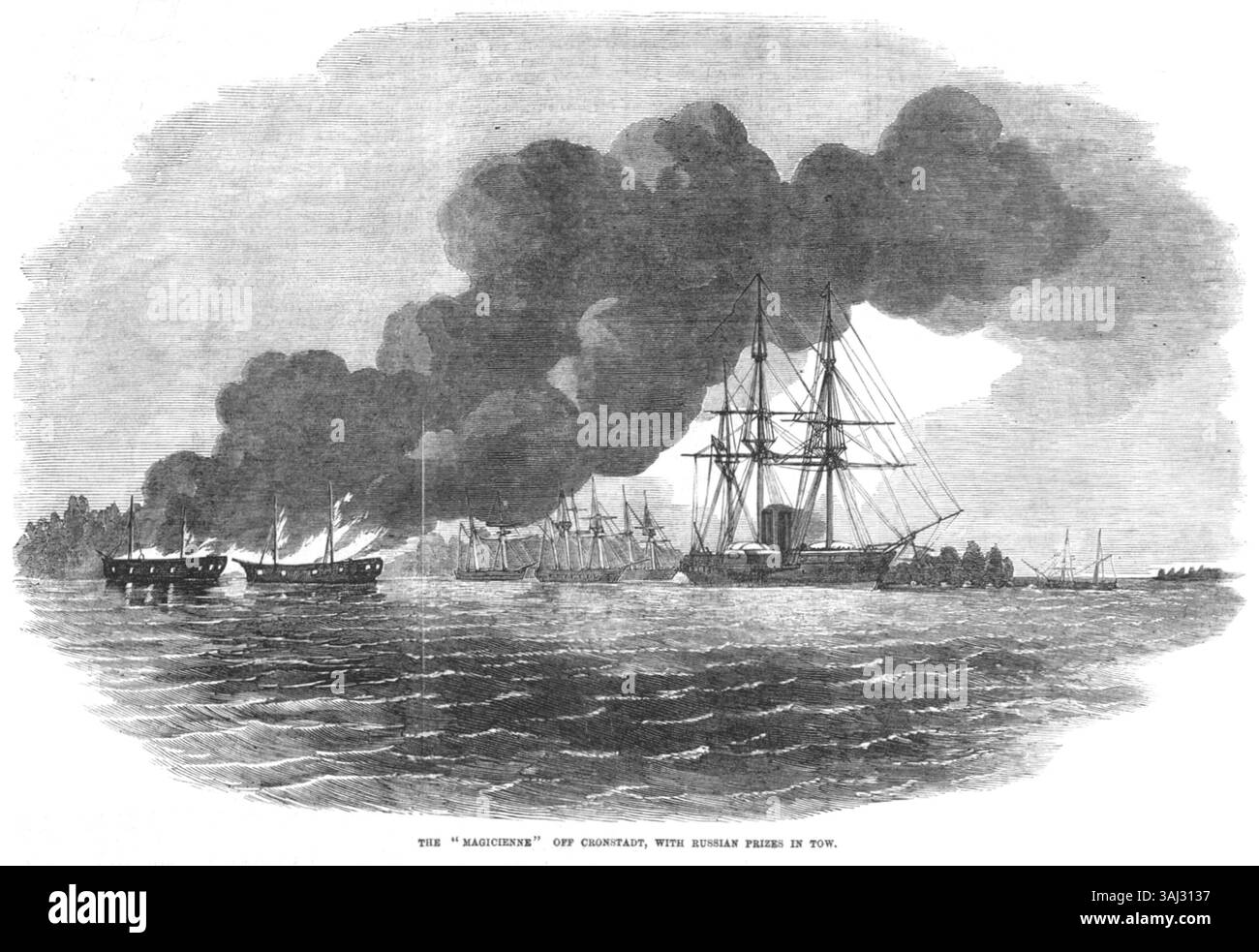 The illustration shows the British H.M.S. Magicienne towing captured ...