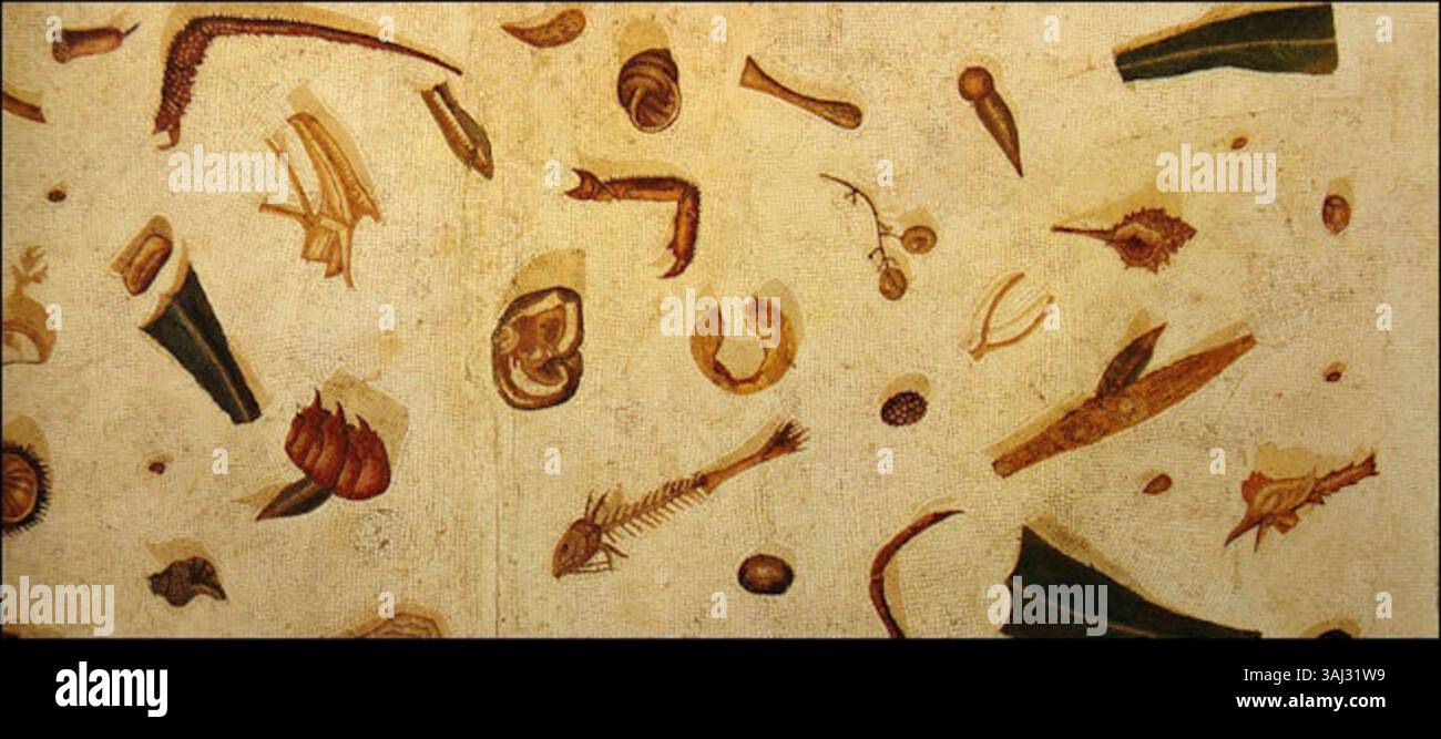 A Roman mosaic dating from the 2nd century A.D., depicting an unswept ...