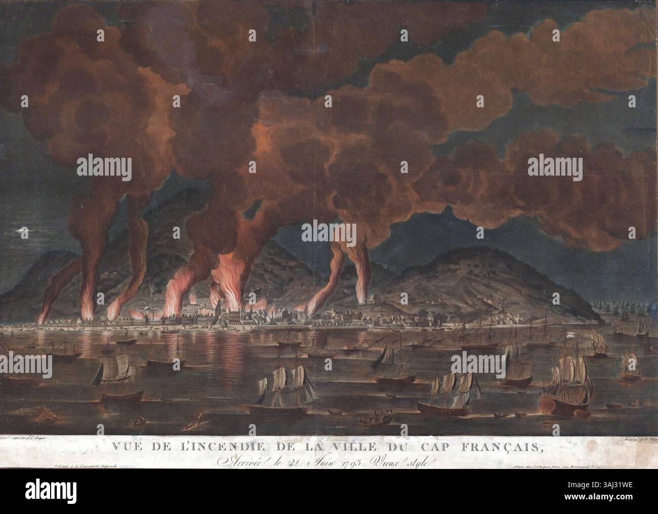 The engraving illustrates the devastating fire in the city of Cap ...