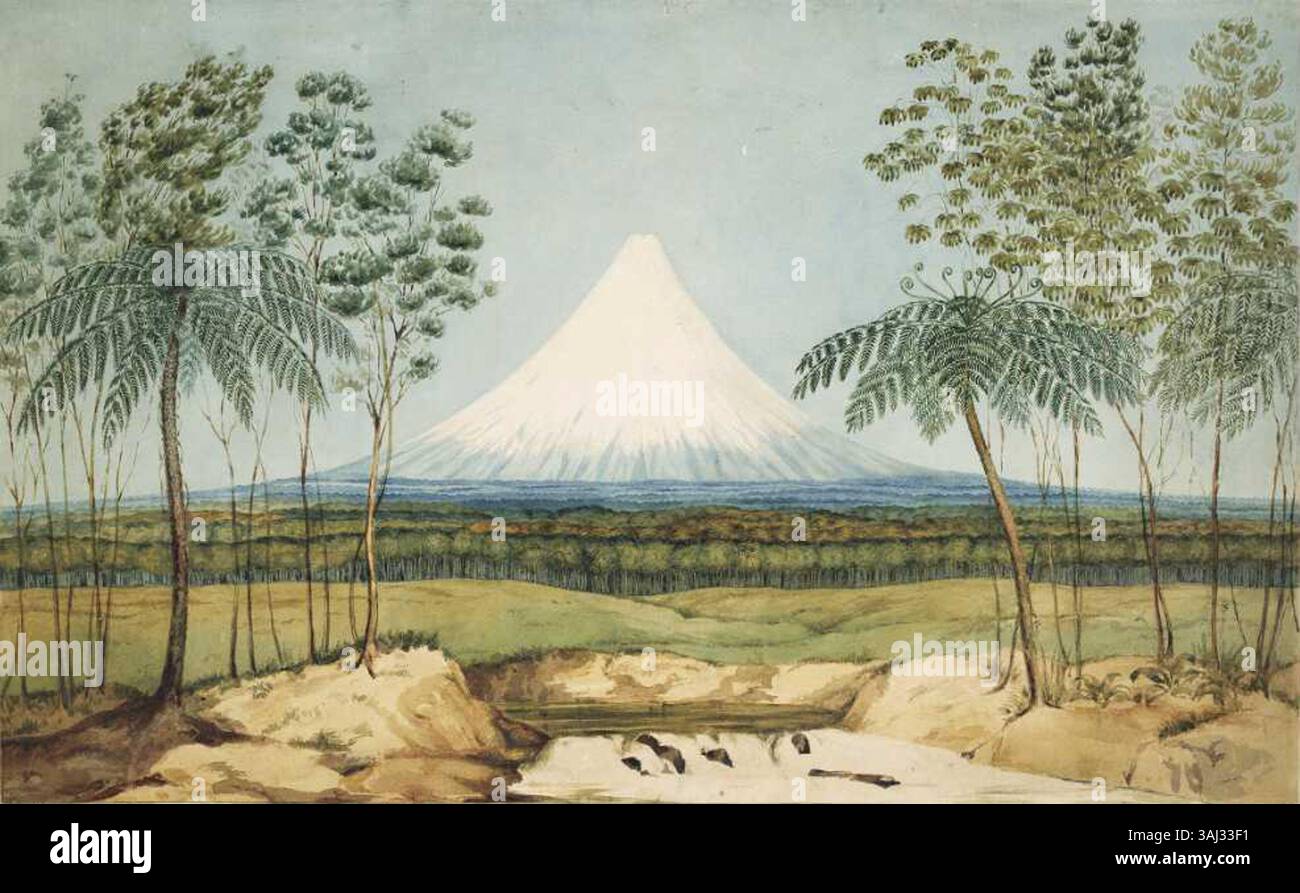Watercolor painting by Charles Heaphy in 1840 depicting Mount Egmont ...