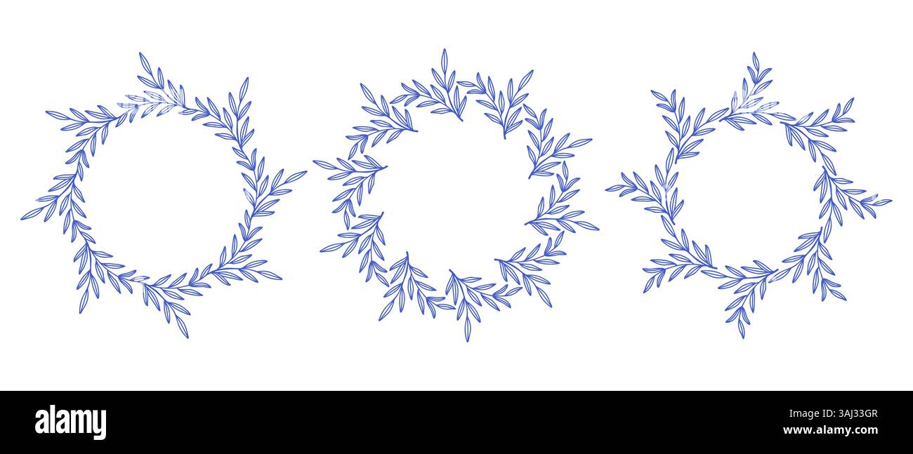 Mediterranean blue olive branches circle frame set. Hand drawn round ...