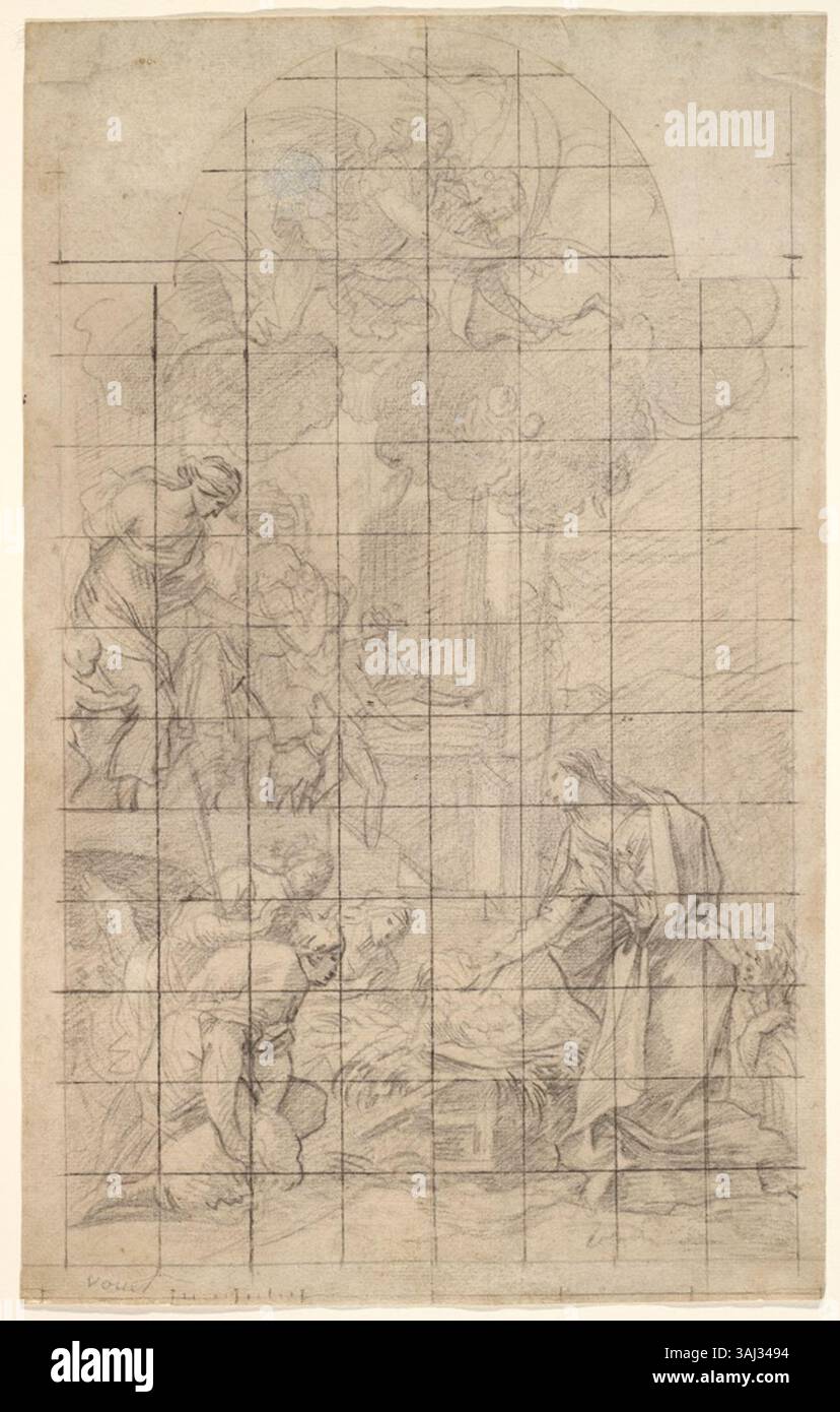 An early sketch for Simon Vouet's 'Adoration des Bergers,' this drawing ...