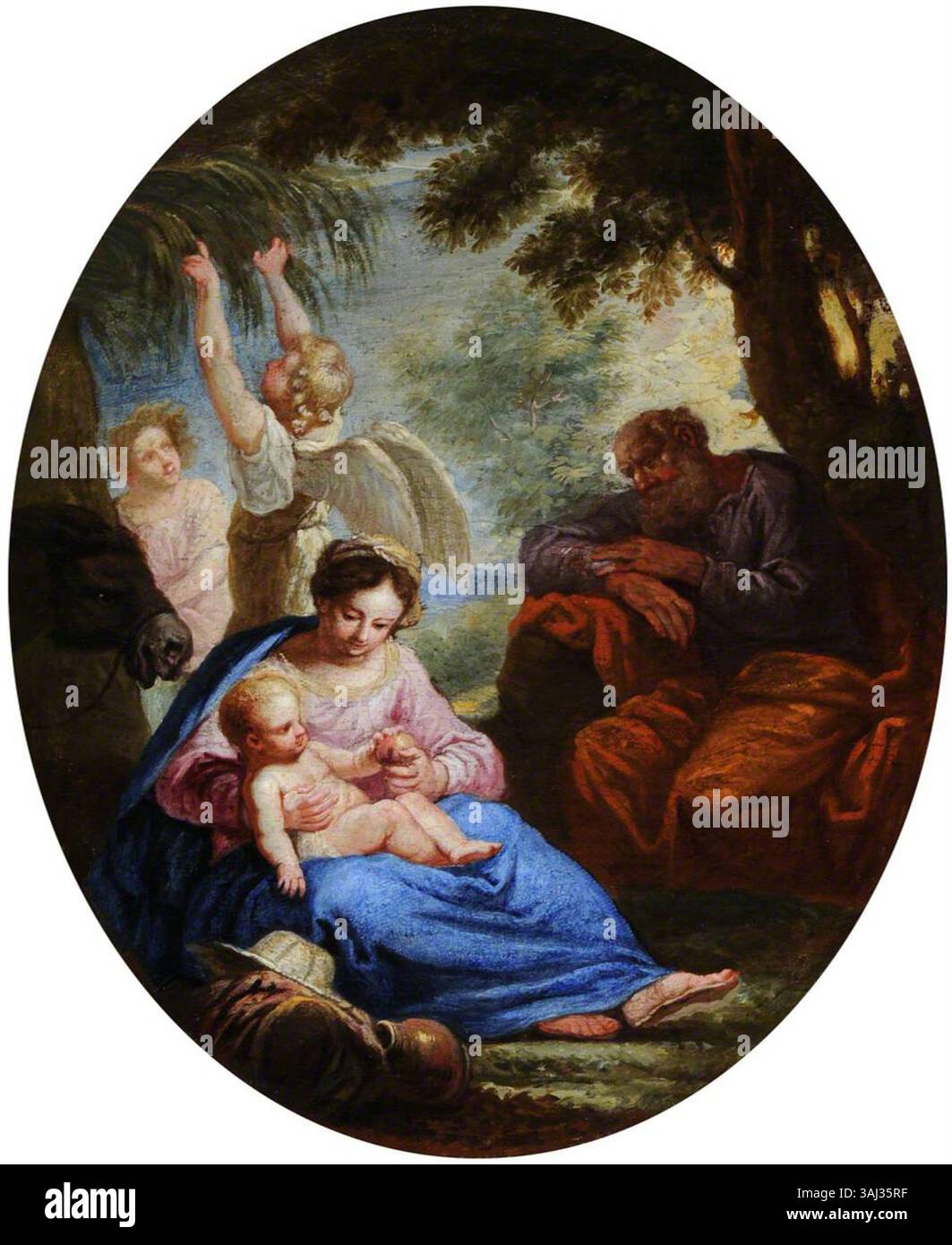 A religious painting depicting the Holy Family's rest during the Flight ...