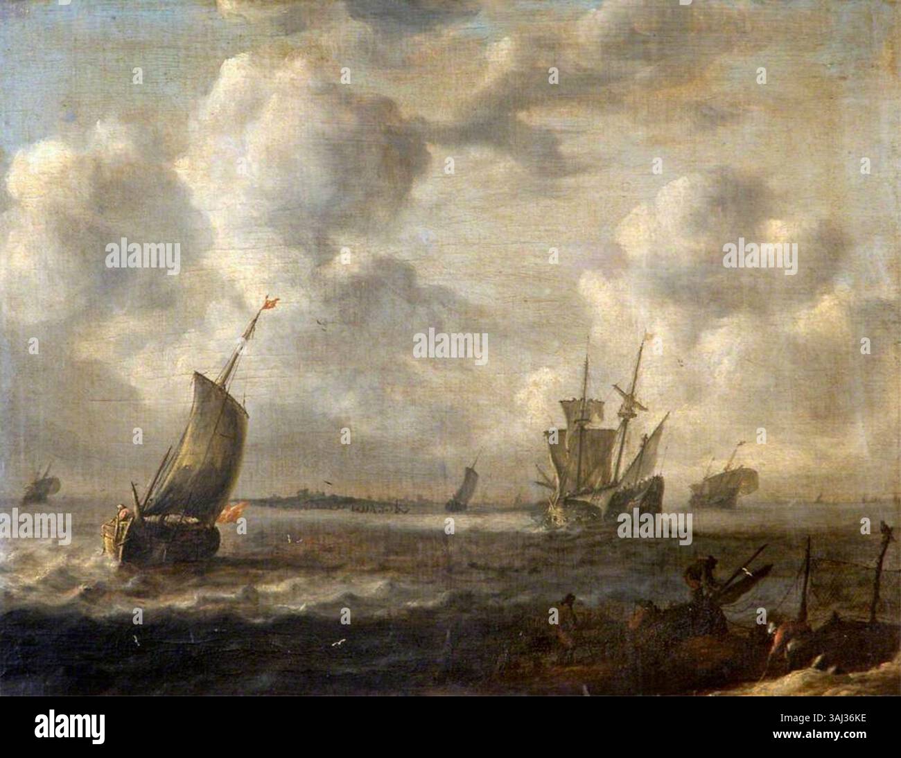 This 1650 painting depicts ships navigating through choppy waters along ...